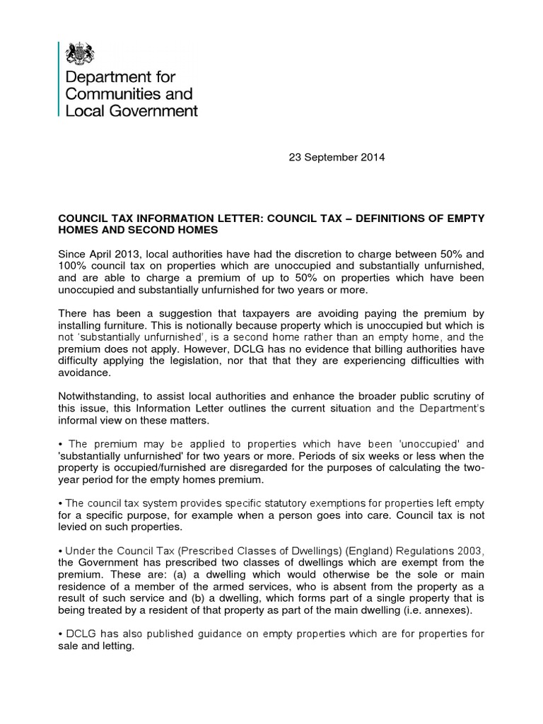 DCLG Letter Re Second Homes and Empty Homes Sept 14 | Download Free PDF ...