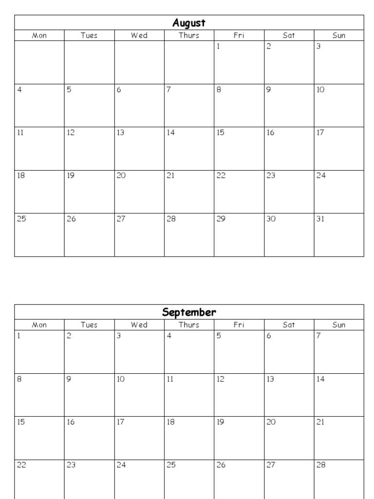 August: Mon Tues Wed Thurs Fri Sat Sun 1 2 3 | PDF