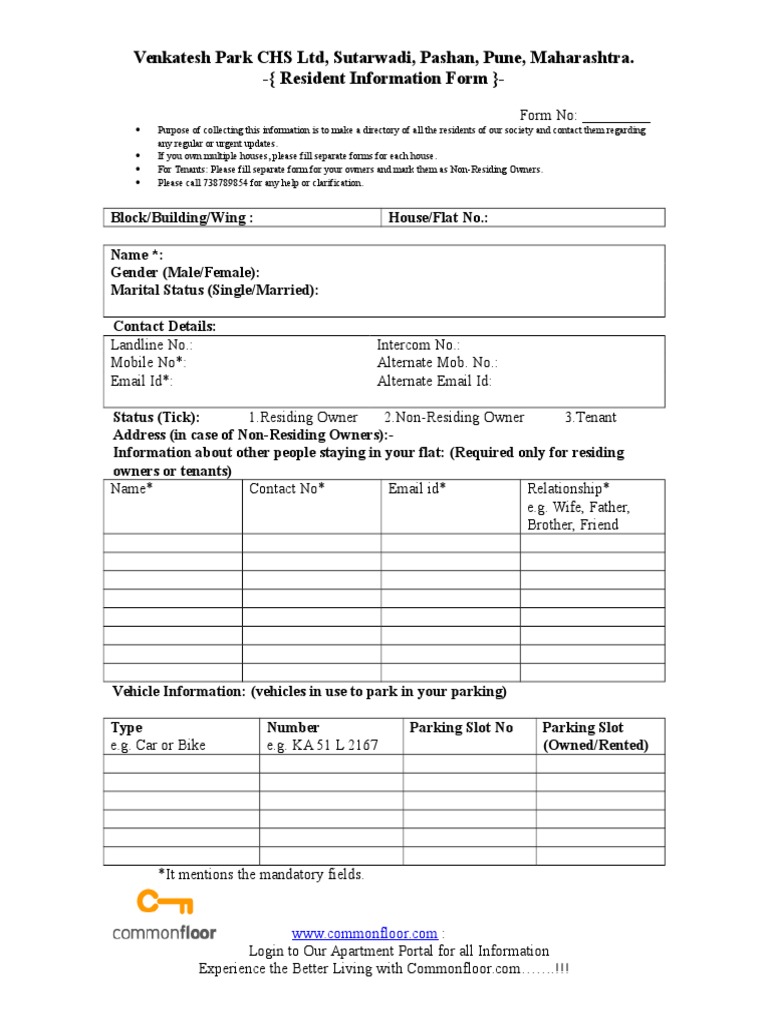 Resident Information Form for Venkatesh Park | PDF | Career & Growth