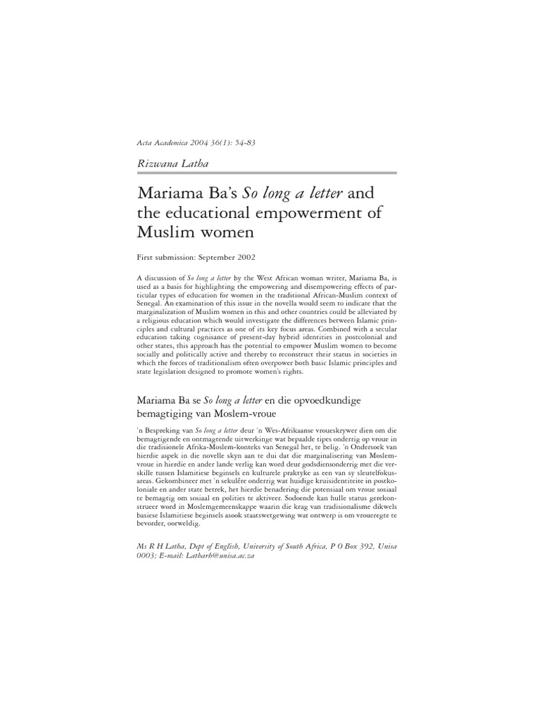 Stuck On So Long A Letter: Senegalese Women's Writings and The Specter ...