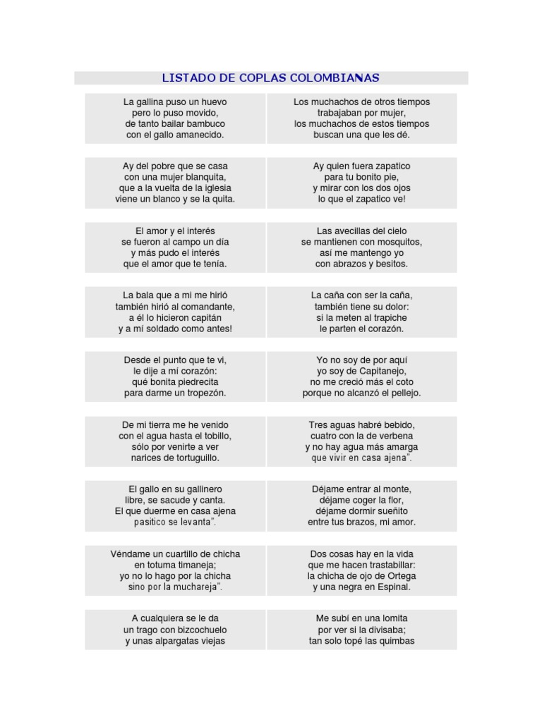 Listado de Coplas Colombianas | PDF | Cocina latinoamericana | Cocina de las Americas