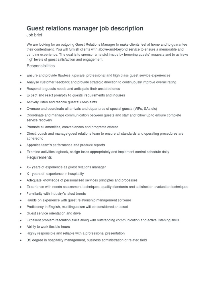 Guest Relations Manager Overview | PDF | Iso 9000 | Quality Management
