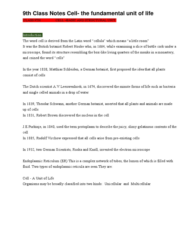 9th Class Notes Cell- The Fundamental Unit of Life | Cell Nucleus ...