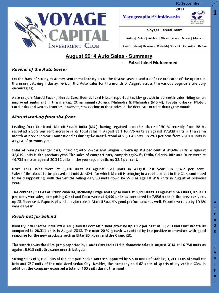August 2014 Auto Sales - Summary: Revival of The Auto Sector | PDF ...