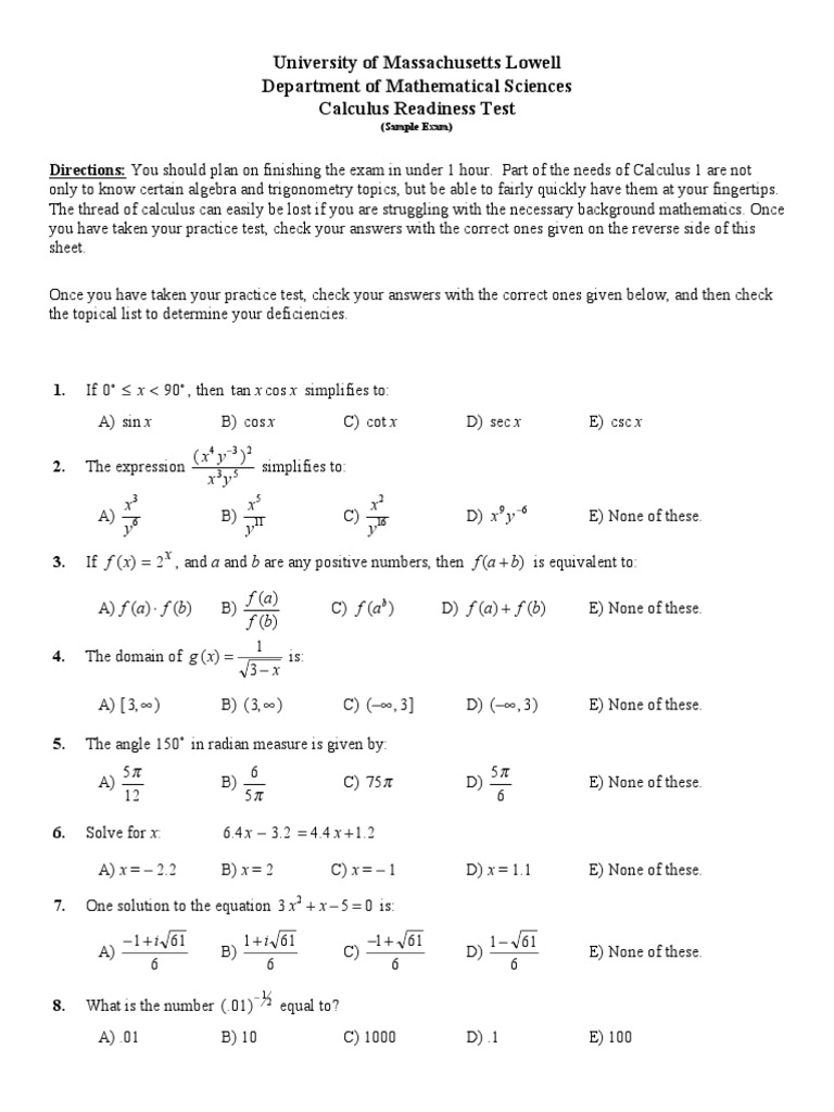 Calc Readiness Test | PDF | Logarithm | Exponentiation