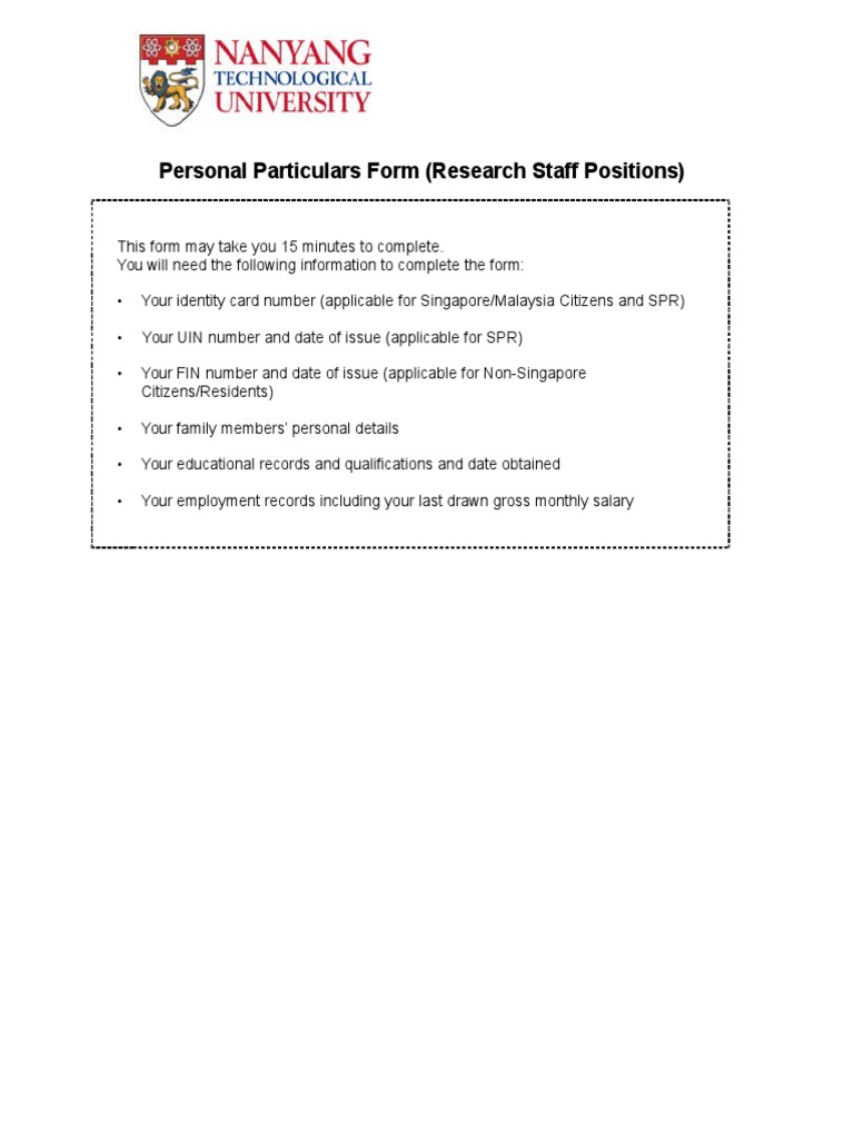Personal Particulars Form (Research Staff Positions) | PDF | Business
