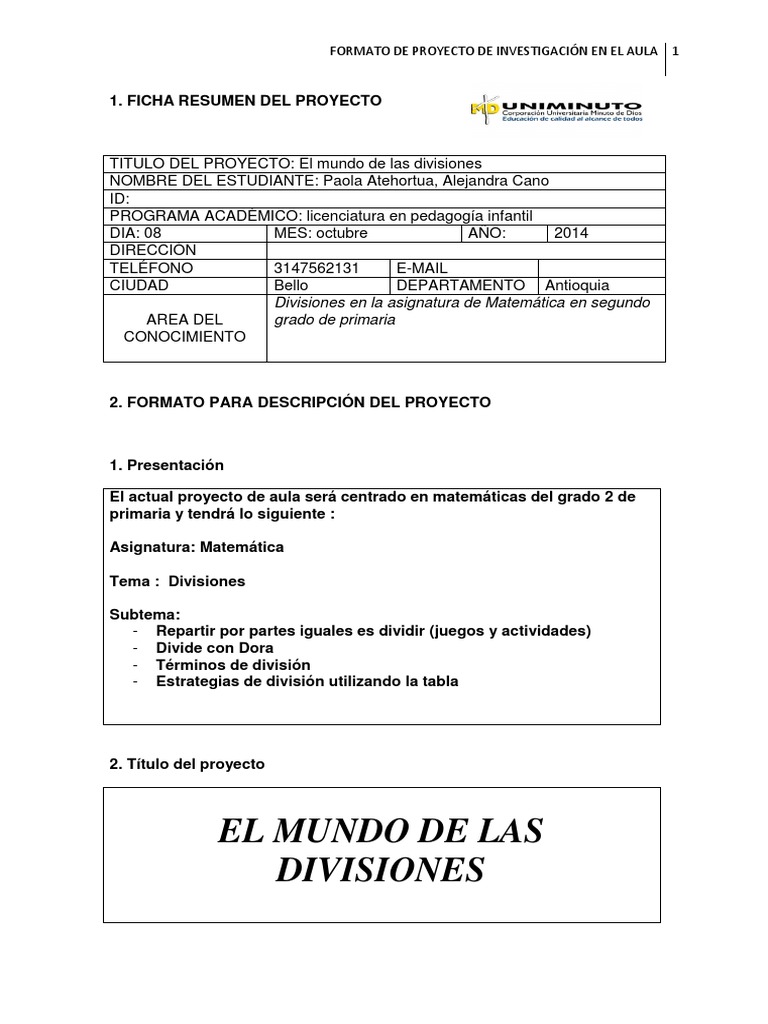 Formato de Proyecto de aula (1).docx | Educación primaria | Cognición