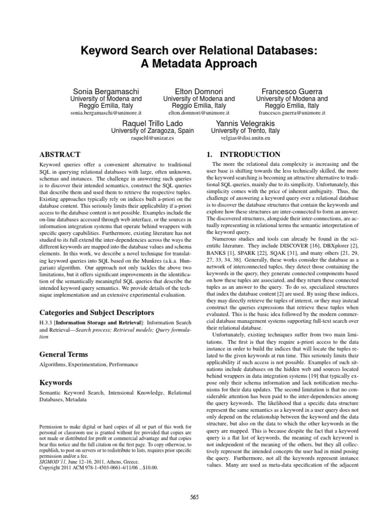 Keyword Search Over Relational Databases: A Metadata Approach | PDF | Relational Database ...