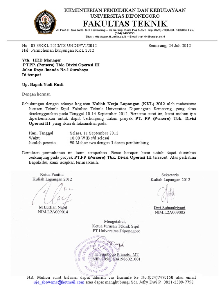 Contoh Surat Permohonan Ijin KKL | PDF