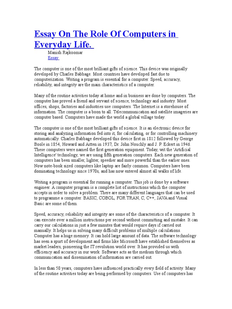 Essay On The Role of Computers in Everyday Life | Internet | Software
