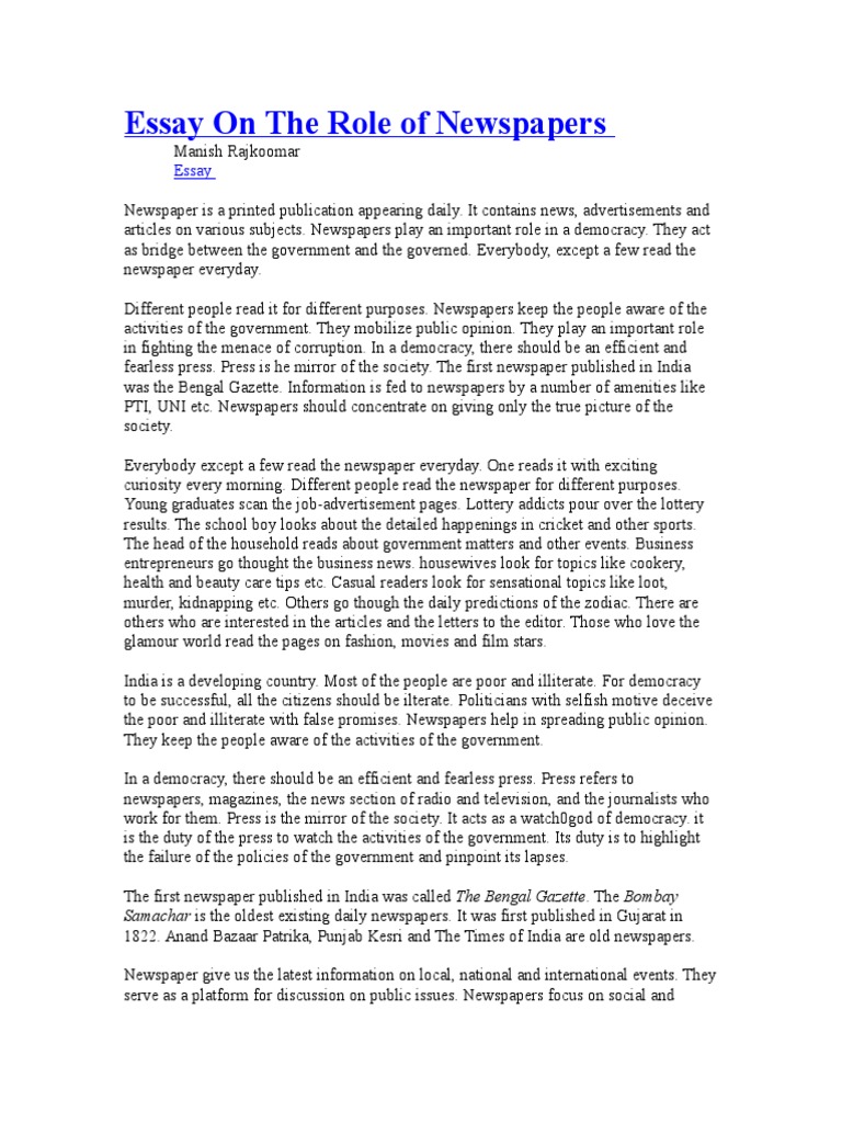 Essay On The Role of Newspapers | PDF | Newspapers | News