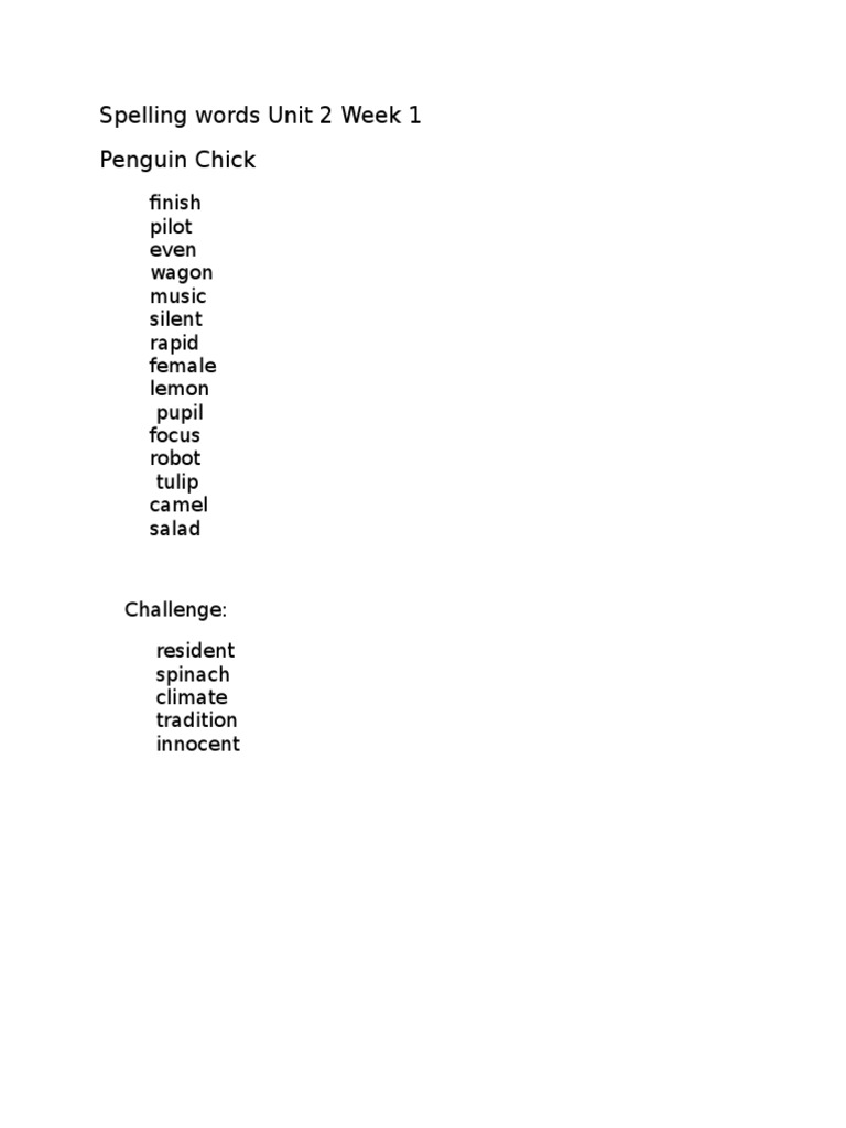 Spelling Words for Unit 2 Week 1 | PDF
