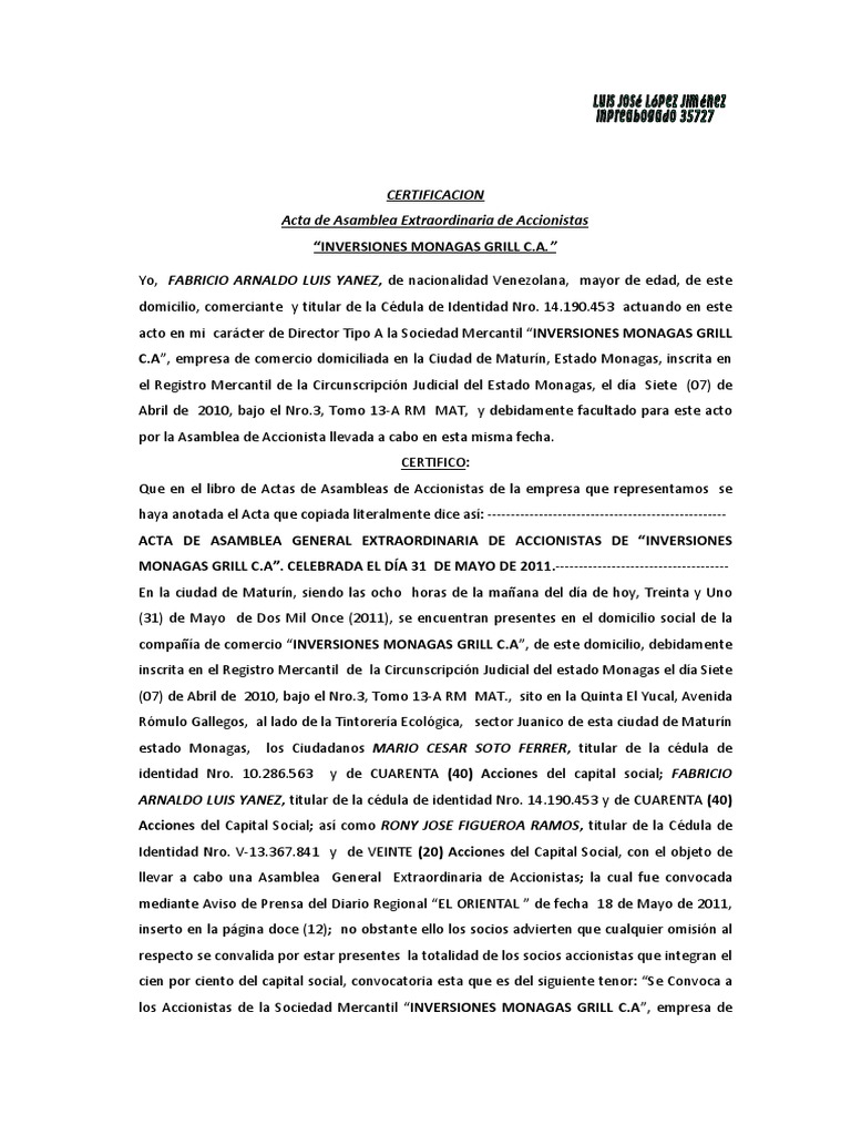 Acta Registro Mercantil venta de acciones y modificacion articulos ...