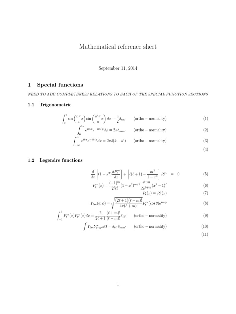 Mathematical Reference Sheet: 1 Special Functions | PDF