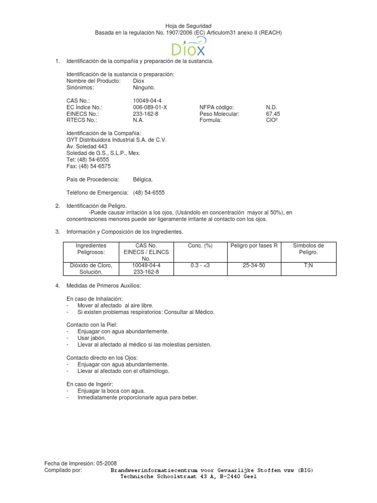 Hoja de Seguridad Diox PDF | PDF | Residuos | Contaminación