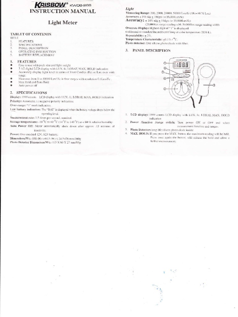 Light Meter Krisbow Model KW 06-288 | PDF