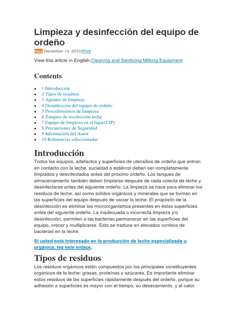 Limpieza y Desinfección Del Equipo de Ordeño | PDF | Detergente | Agua