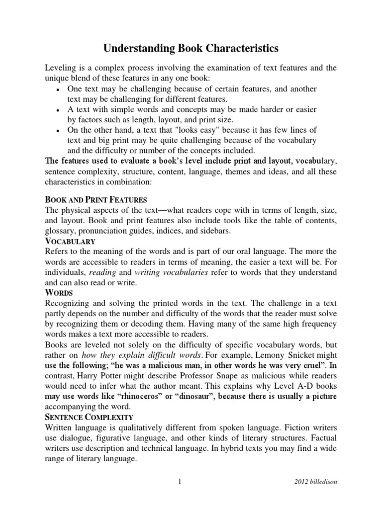 Understanding Book Leveling Characteristics | PDF | Reading ...