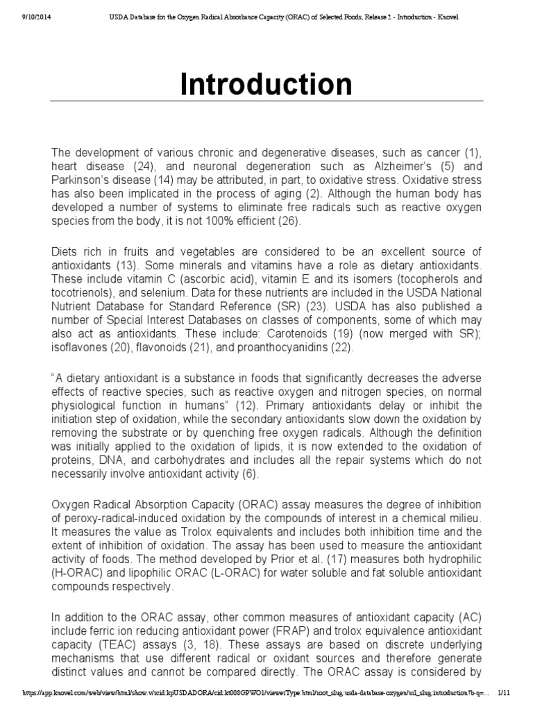 USDA Database For The Oxygen Radical Absorbance Capacity (ORAC) of Selected Foods, Release 2 ...