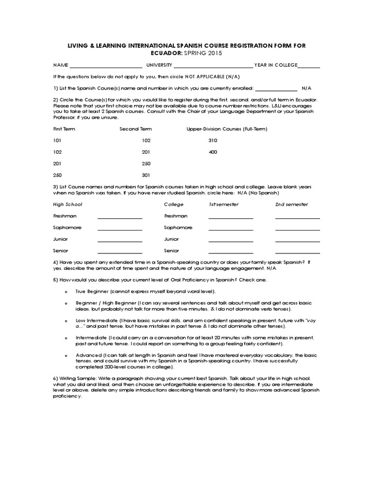 Ecuador Spanish Course Registration Form | PDF | High Schools | Spanish ...