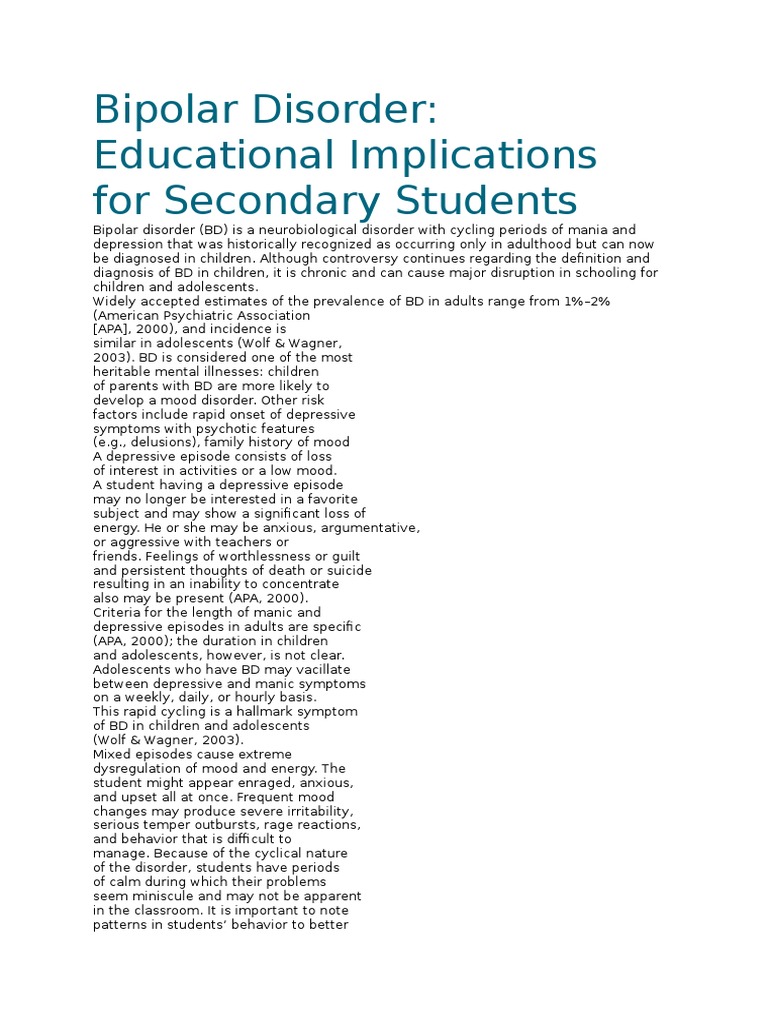 Bipolar Disorder: Educational Implications For Secondary Students | PDF ...