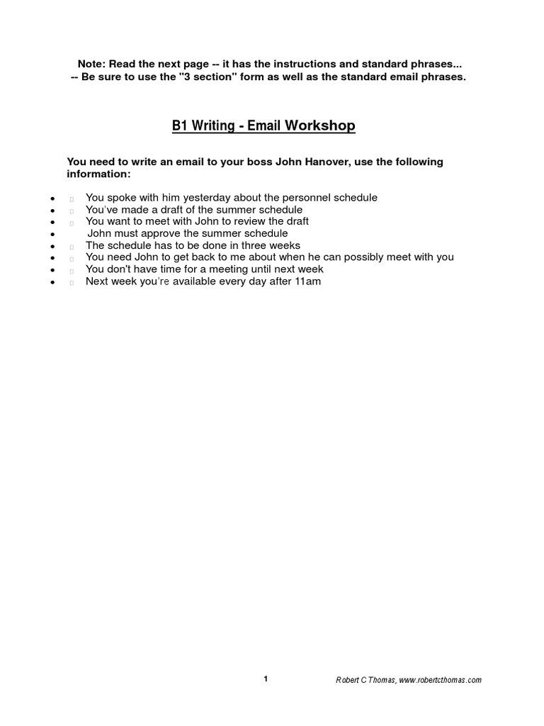 B1 Email Writing Exercise W Instructions Standard Phrases Email