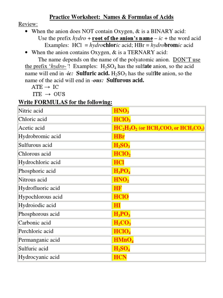 Naming Acids Practice | PDF