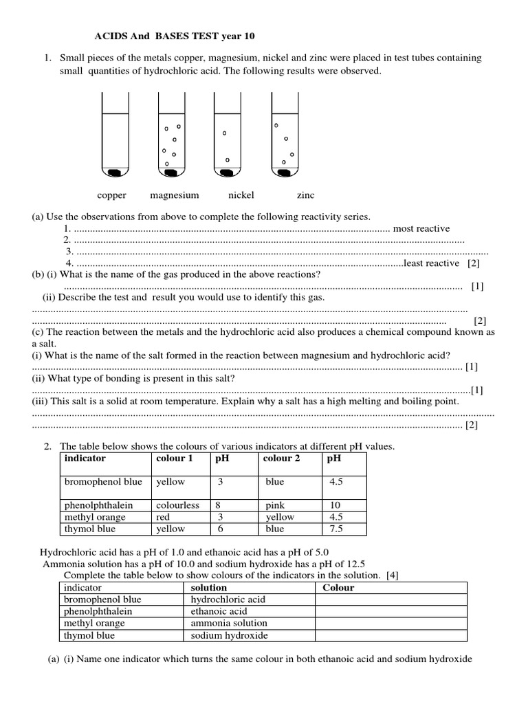 Year 10 Acids and Bases Test Guide | PDF | Ph | Acid