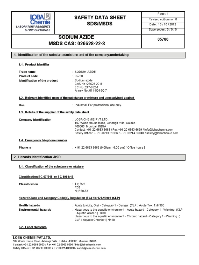 Msds Sodium Azide Casno 26628 22 05780 en - Aspx | PDF | Chemical ...