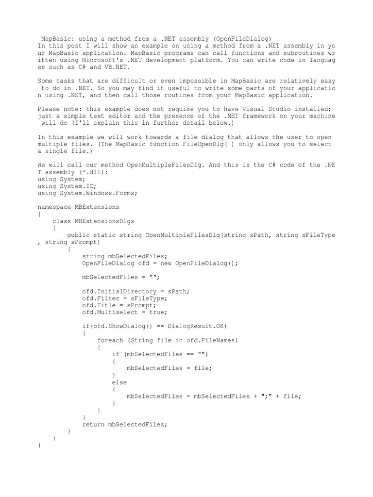 MapBasic Using A Method From A .NET Assembly (OpenFileDialog) | PDF | Subroutine | C Sharp ...