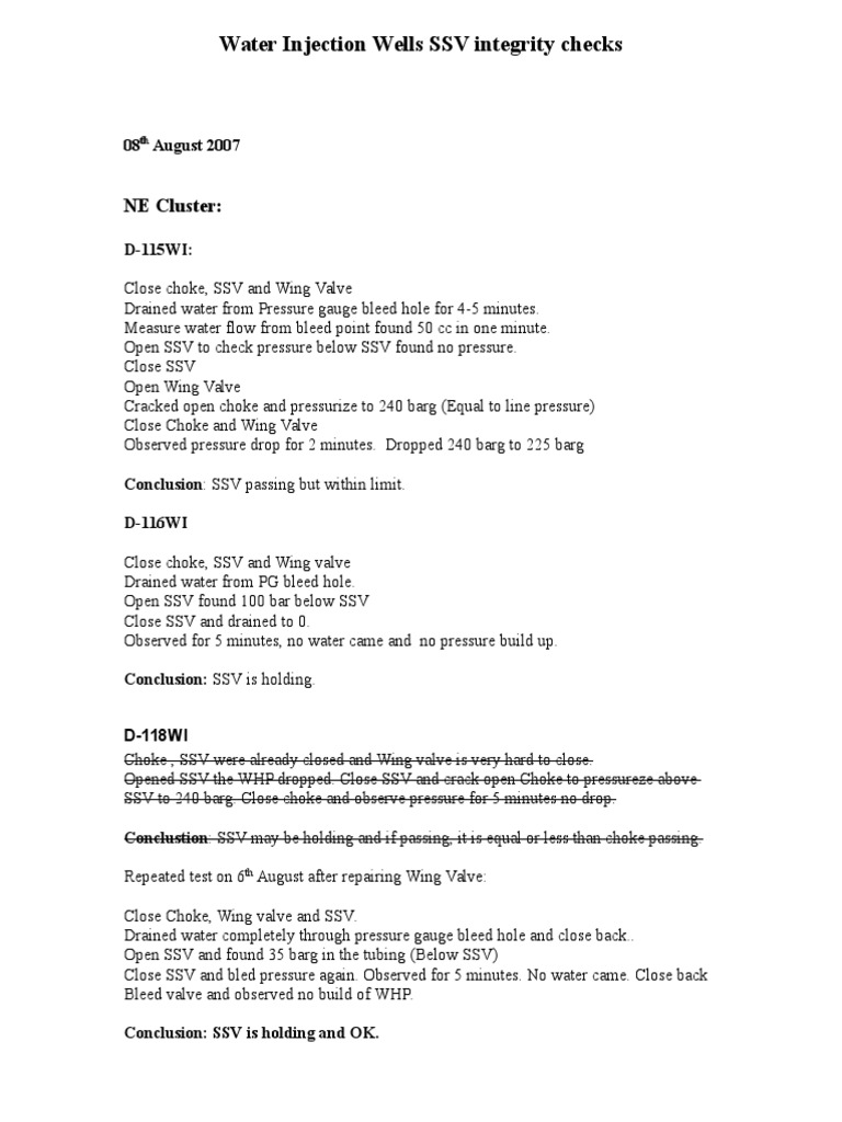 Water Injection Wells SSV Integrity Checks-Procedure | PDF | Pressure ...
