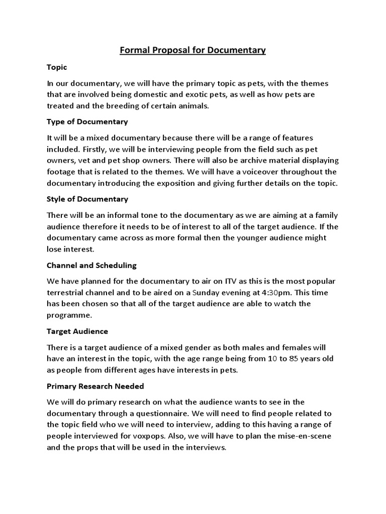 Formal Proposal For Documentary: Topic | PDF | Documentary Film ...