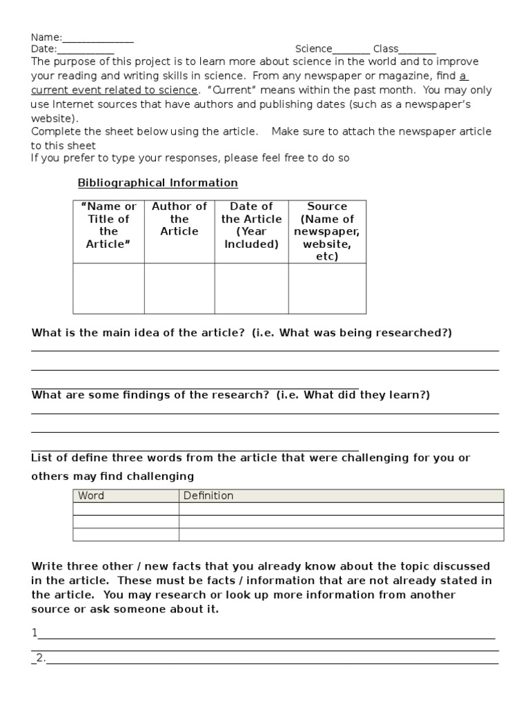 Current Event Article Form For Science | PDF