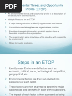 Environmental Threat Opportunity Profile - ETOP | PDF | Swot Analysis | Business