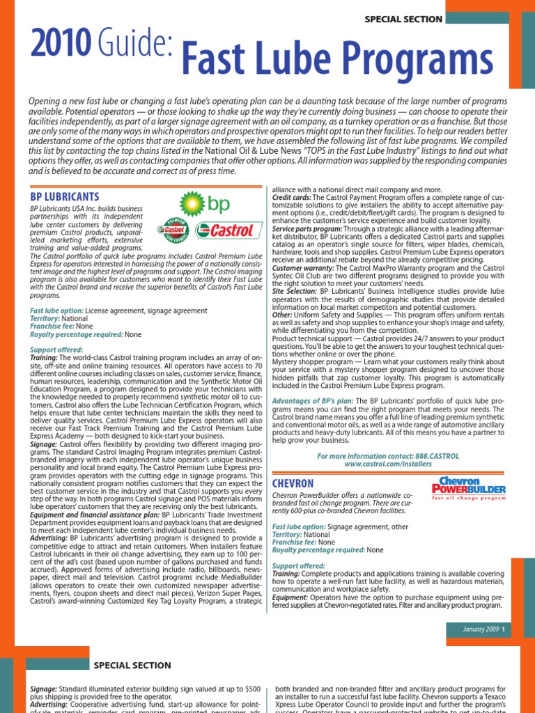 2010 Fast Lube Programs Guide | PDF | Franchising | Credit Card