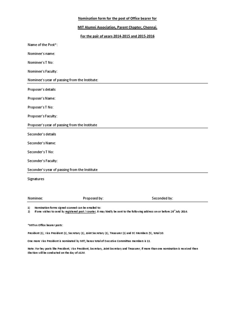 Nomination Form For The Post of Office Bearer For MIT Alumni ...