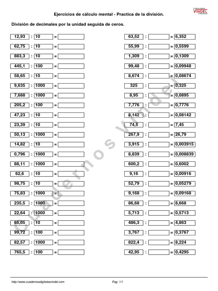 Mental Division Exercises with Decimals | PDF | Computers