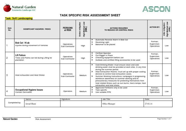 Soft Landscaping Risk Assessment Sheet | PDF