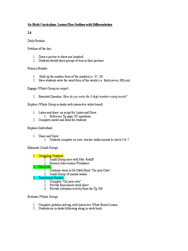 Go Math Lesson Plan Outline With Differentiation | PDF | Lesson Plan ...