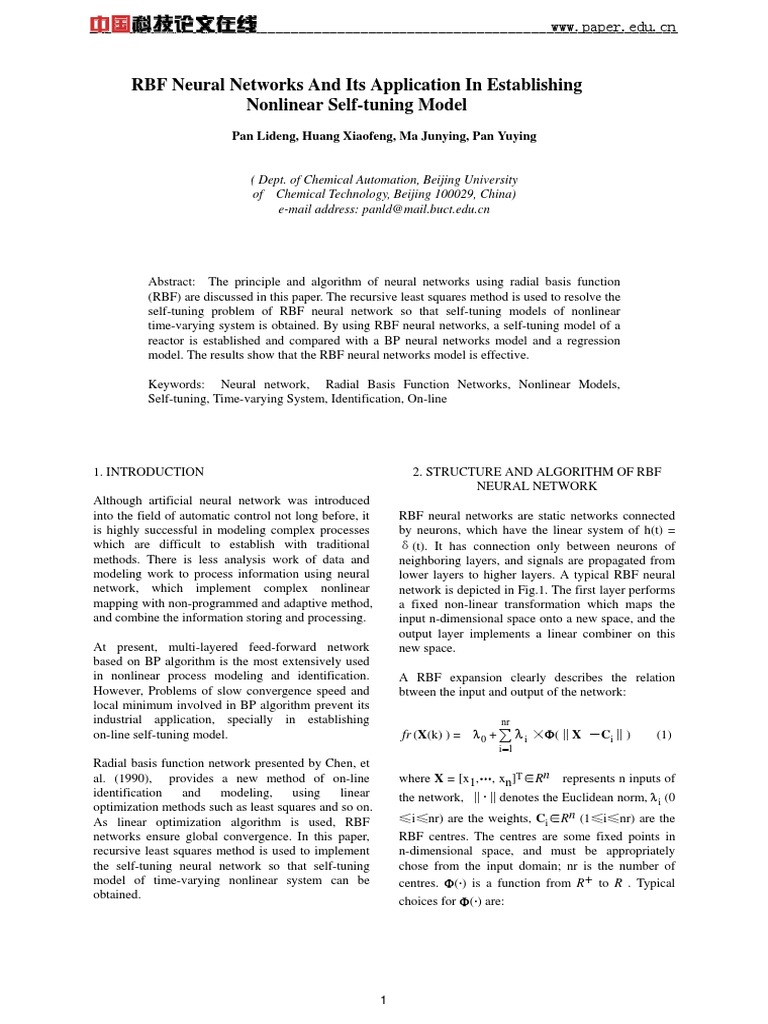 RBF Neural Networks and Its Application in Establishing Nonlinear Self-Tuning Model | PDF ...