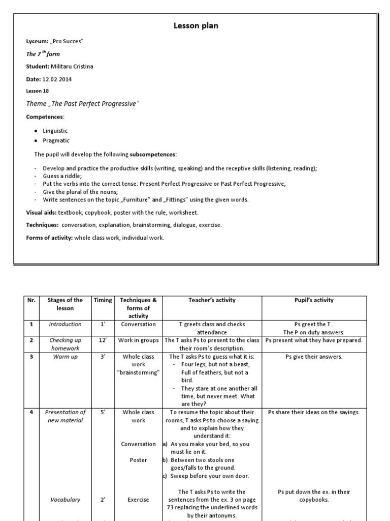 Lesson Plan: Past Perfect Progressive | PDF | Lesson Plan | Style (Fiction)