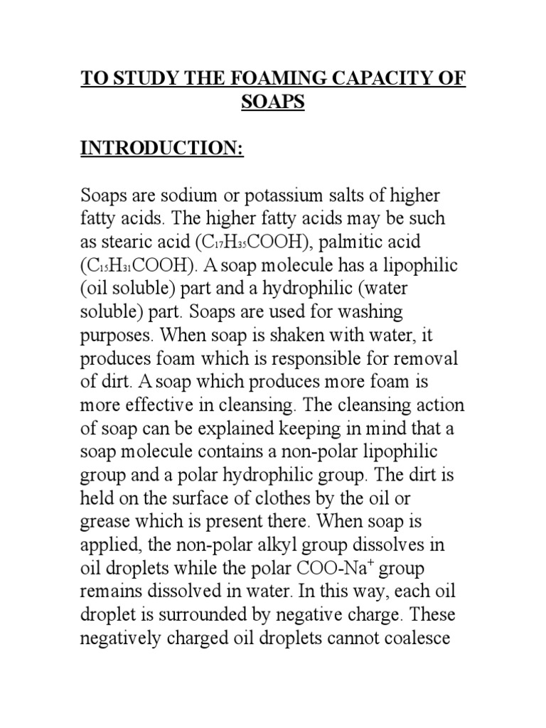 To Study The Foaming Capacity of Soaps | PDF | Calcium | Soap
