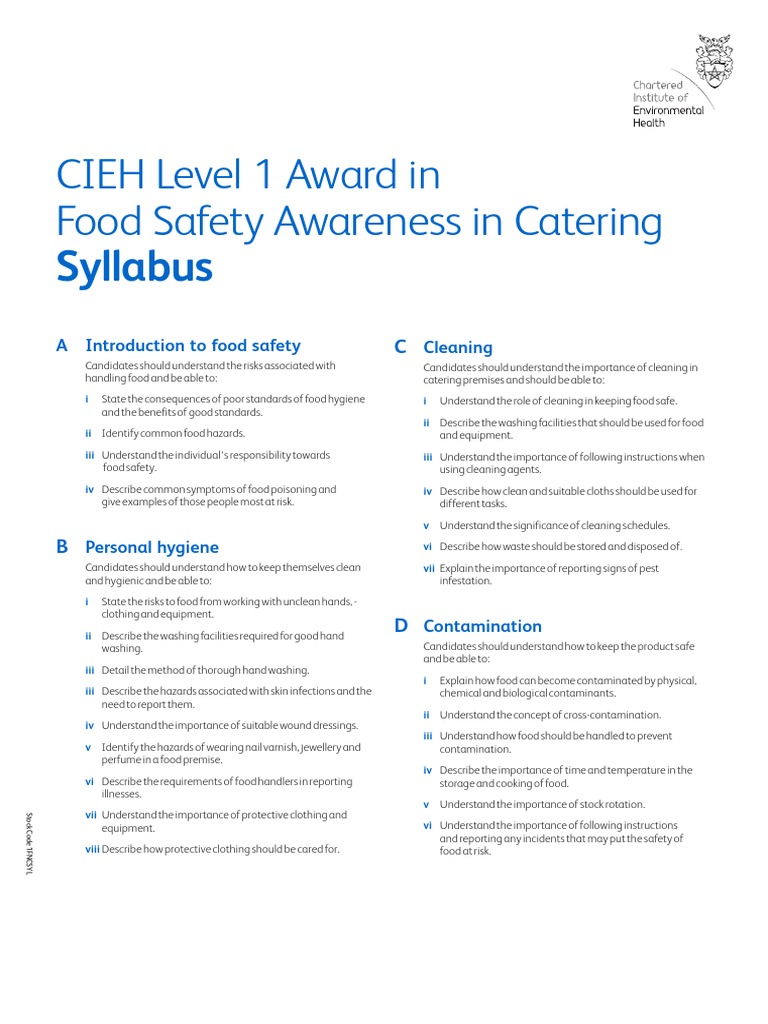 CIEH Level 1 Food Safety Syllabus | PDF | Hygiene | Food Safety