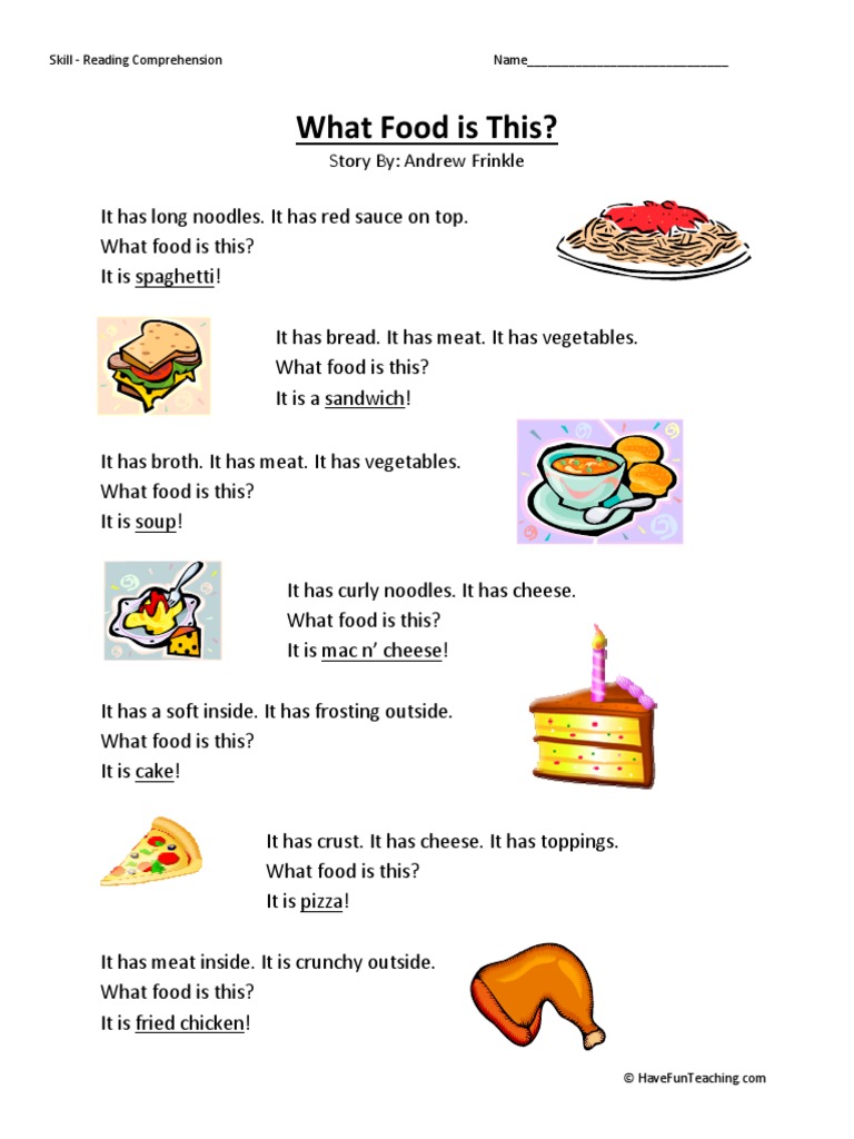 What Food Is This Kindergarten Grade Reading Comprehension Worksheet ...
