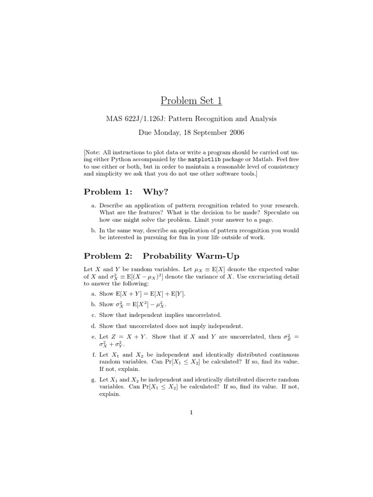 Pattern Recognition Problem Set 1 PDF | PDF | Eigenvalues And ...