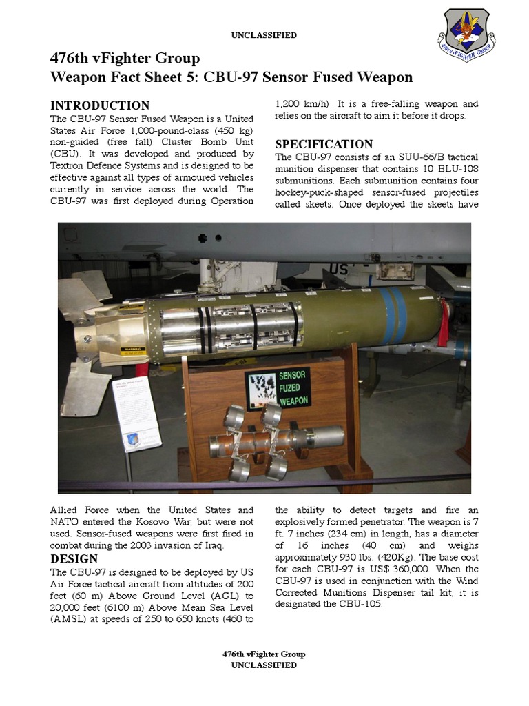 CBU-97 Sensor Fused Weapon Fact Sheet | PDF | Hazards | Projectile Weapons