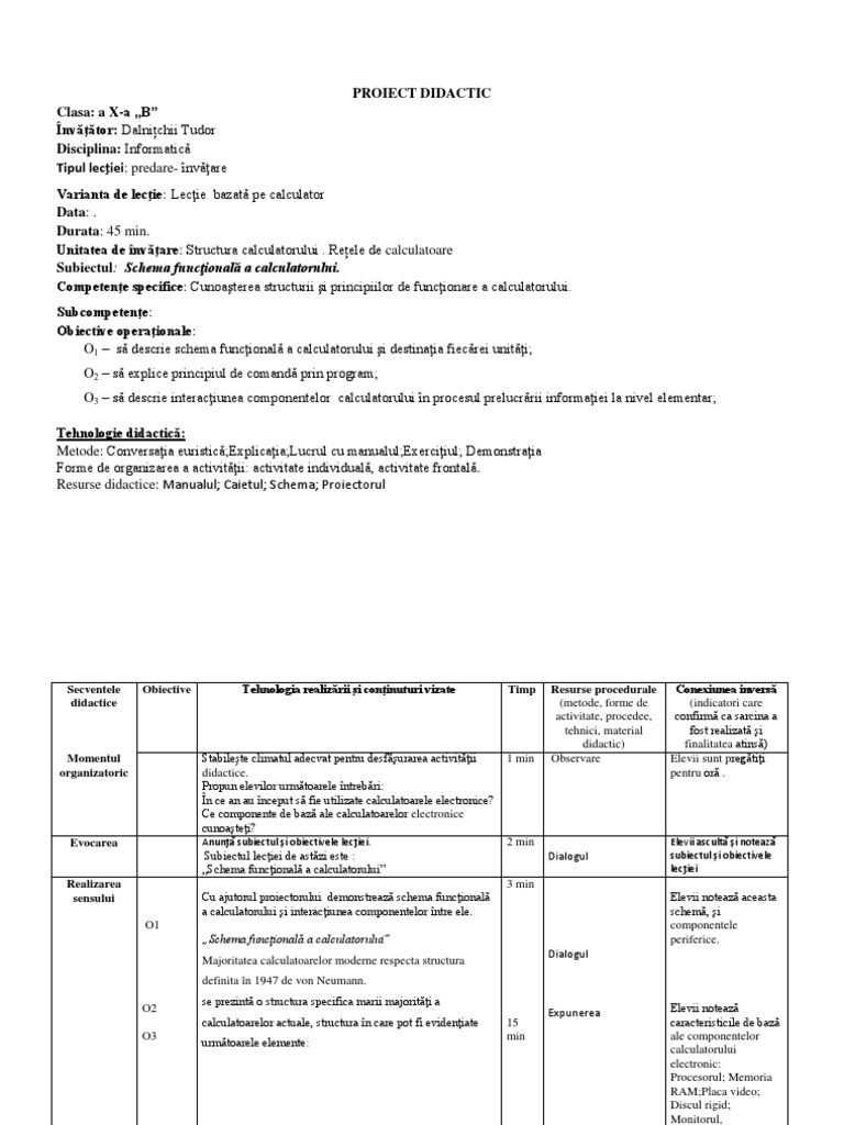PROIECT DIDACTIC - Schema Funcţională A Calculatorului. | PDF