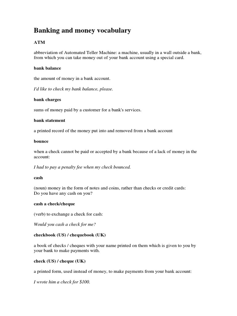 Banking and Money Vocabulary Guide | PDF | Cheque | Deposit Account