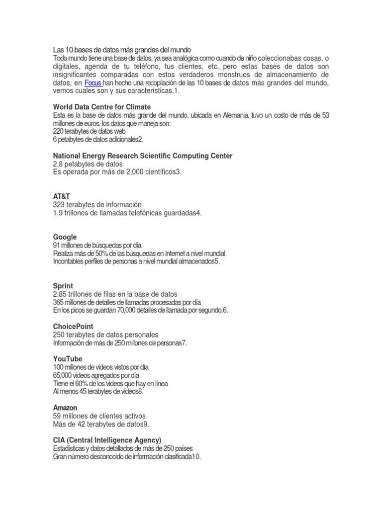 Las 10 bases de datos más grandes del mundo.docx | PDF | Internet ...