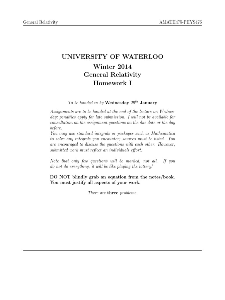 University of Waterloo Winter 2014 General Relativity Homework I | PDF ...